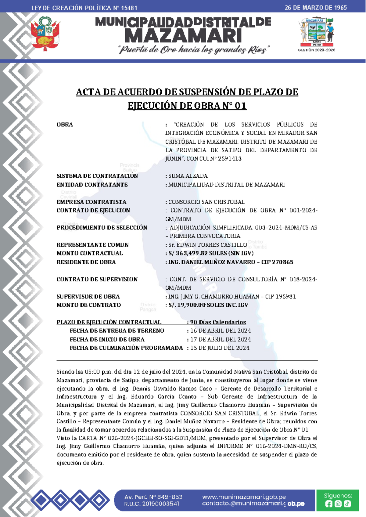 ACTA DE Suspension DE OBRA N 01 - Mirador - ACTA DE ACUERDO DE SUSPENSIÓN DE PLAZO DE EJECUCIÓN ...