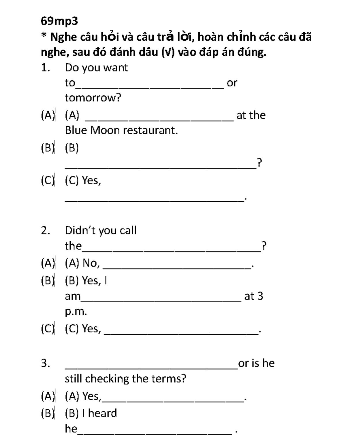DO DID & Statement KEYS - 69mp * Nghe câu h ỏi và câu tr ả ờl i, hoàn ...