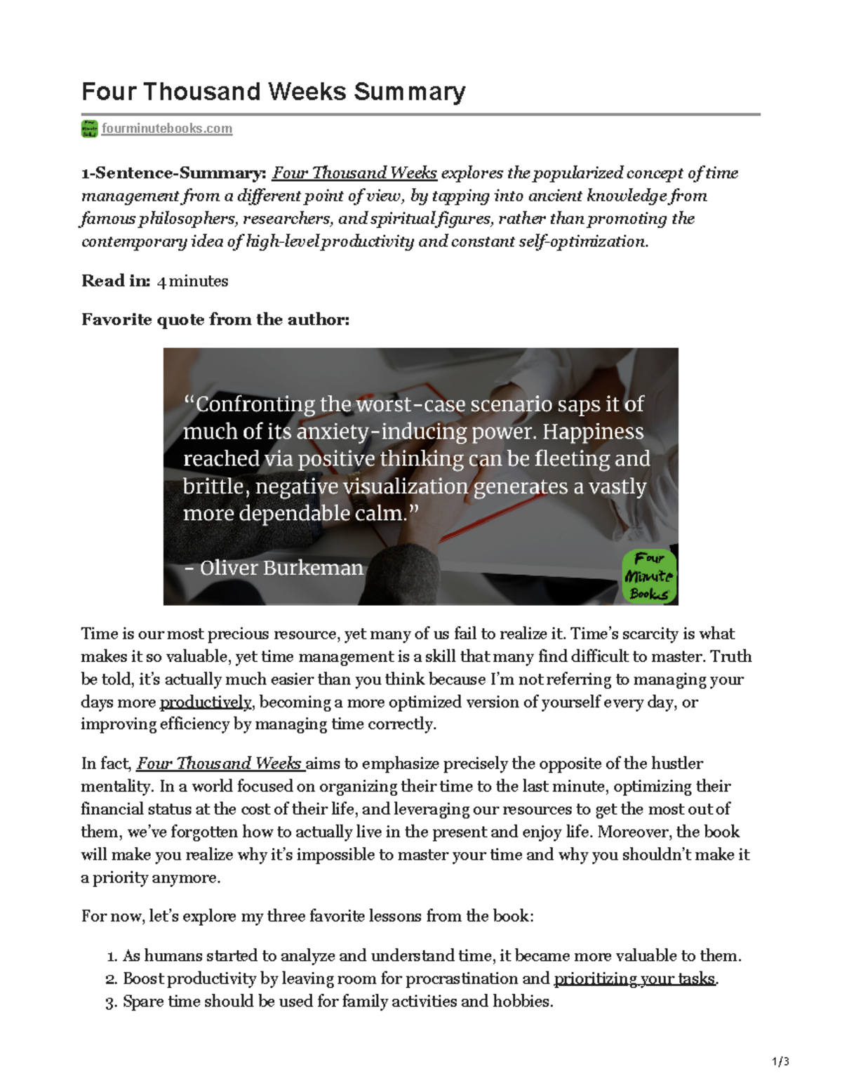 Four thousand weeks summary - 1/ Four Thousand Weeks Summary ...
