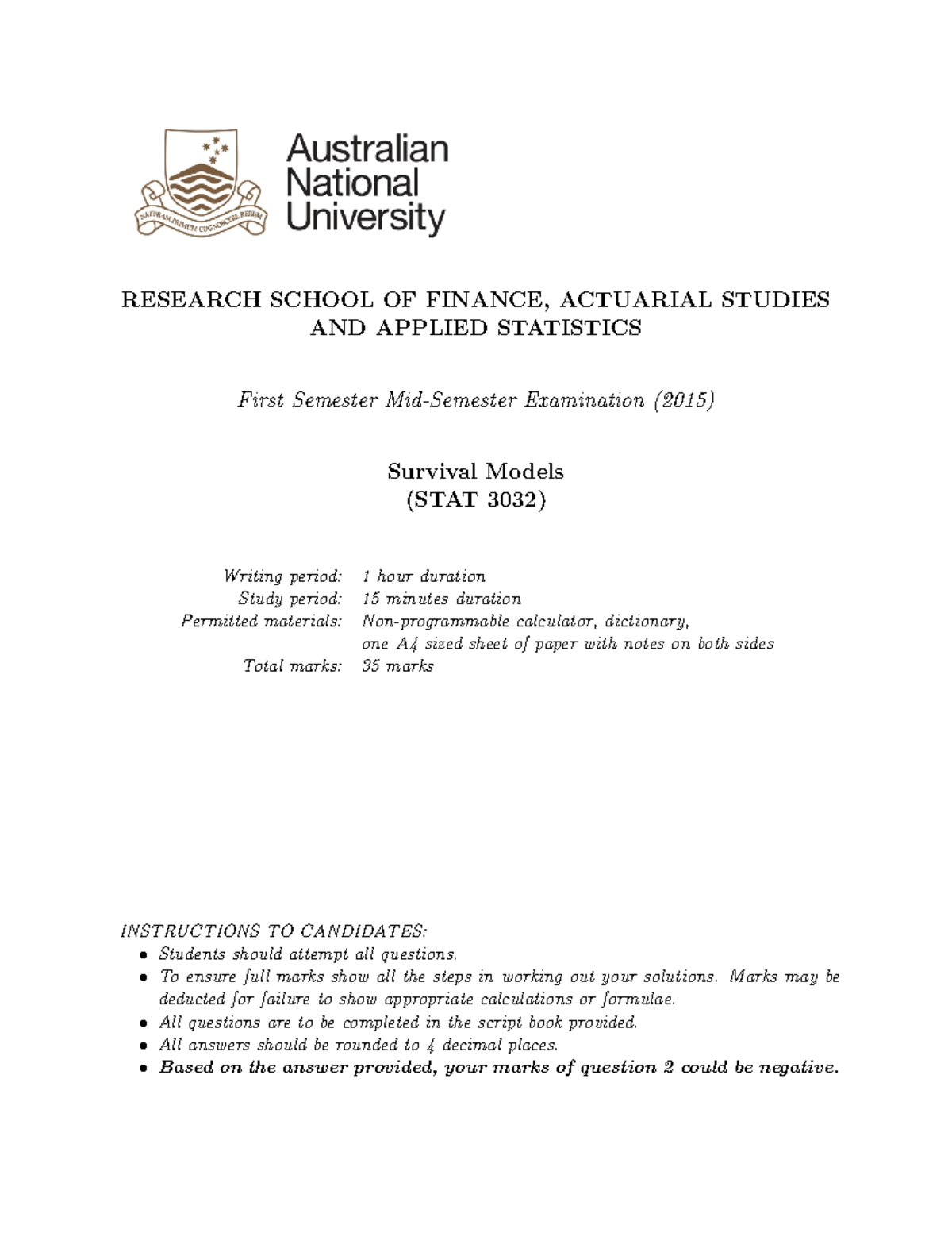 Sample/practice exam 2015, questions - RESEARCH SCHOOL OF FINANCE ...