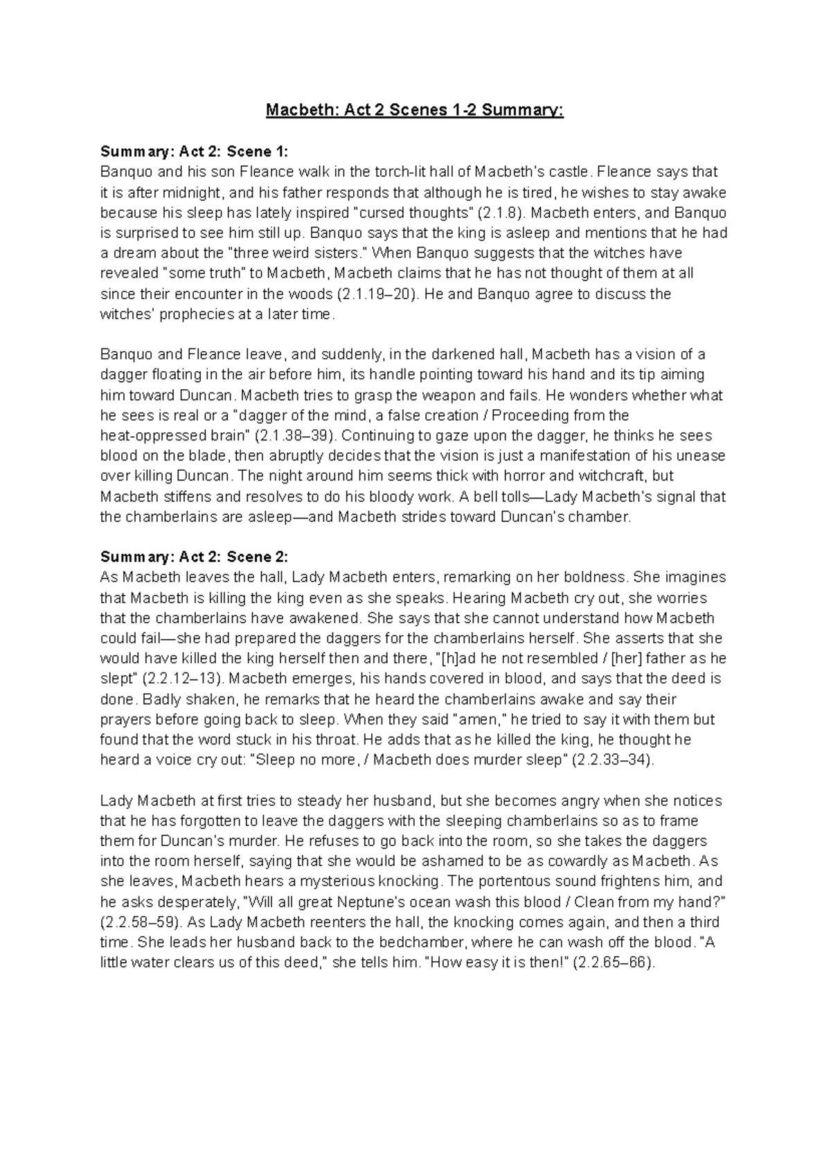 Macbeth Act 2 Scenes 1-2 Summary - Macbeth: Act 2 Scenes 1-2 Summary ...