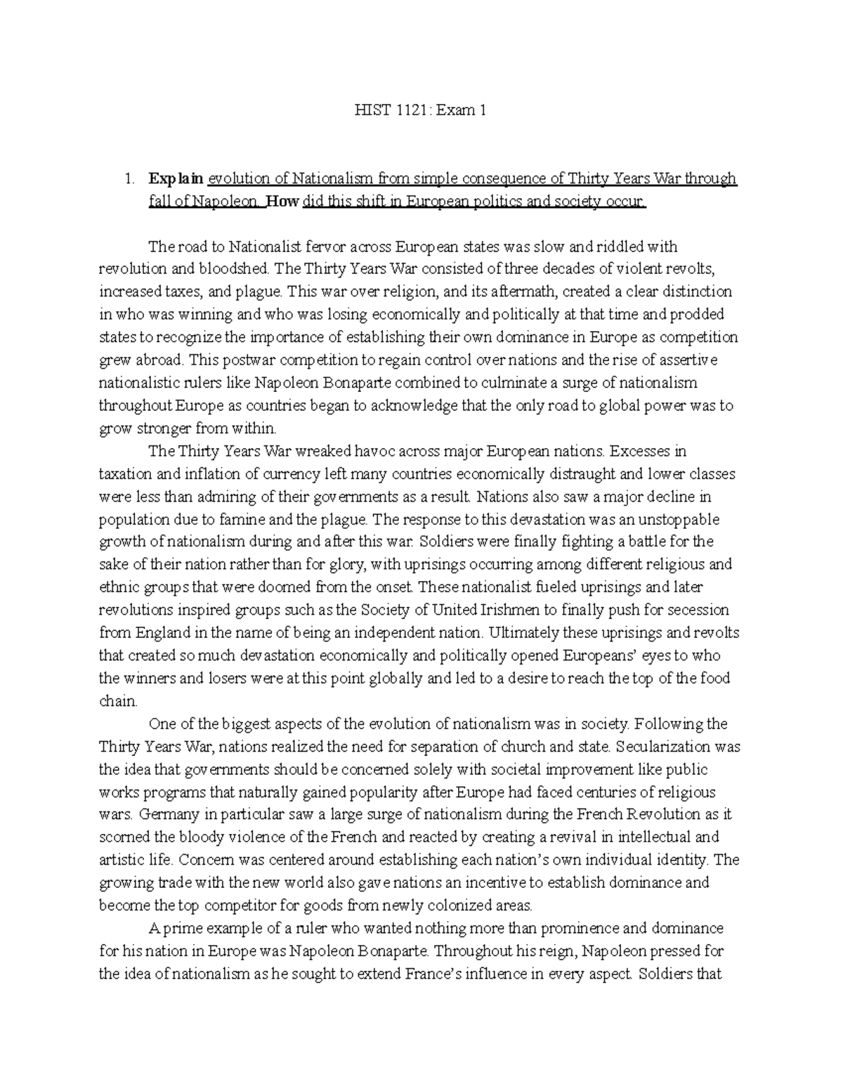 HIST 1121 Exam 1 - Essay for Professor Deem's European History course. - HIST 1121: Exam 1 ...