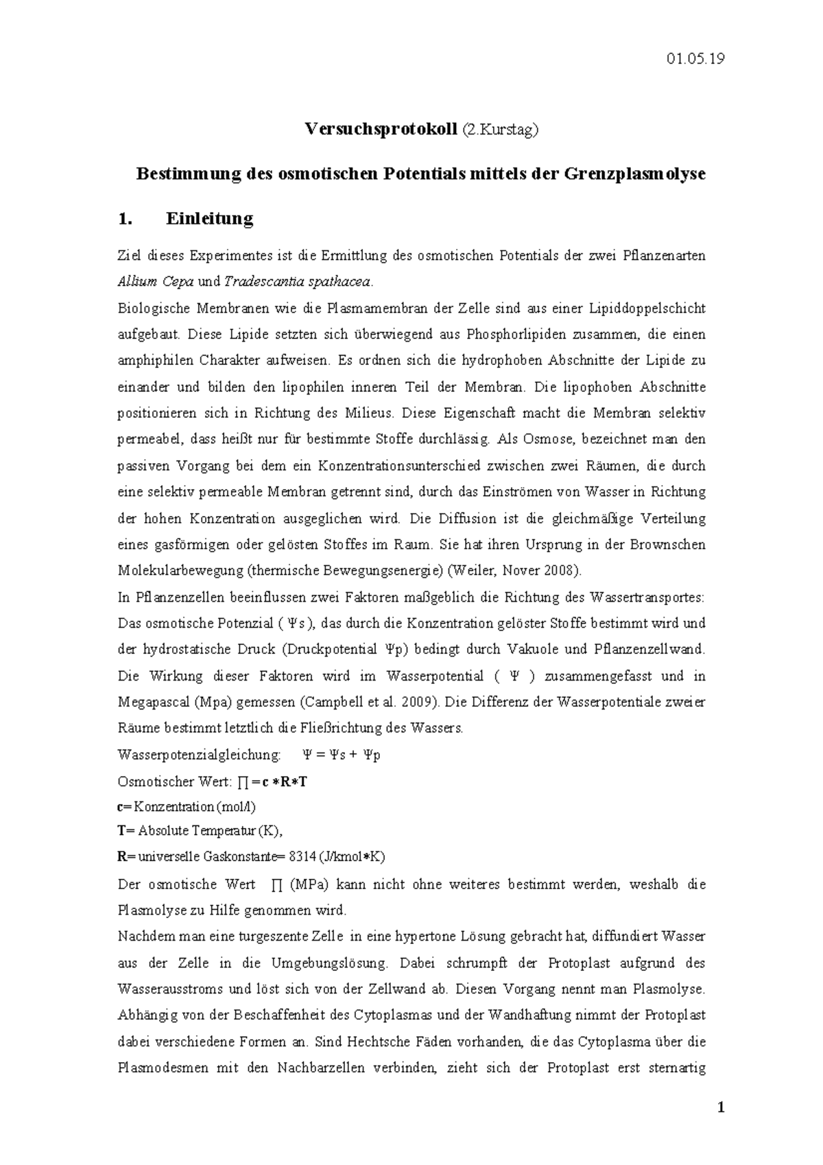 Versuchsprotokoll Grenzplasmolyse - 01.05 Versuchsprotokoll (2 ...