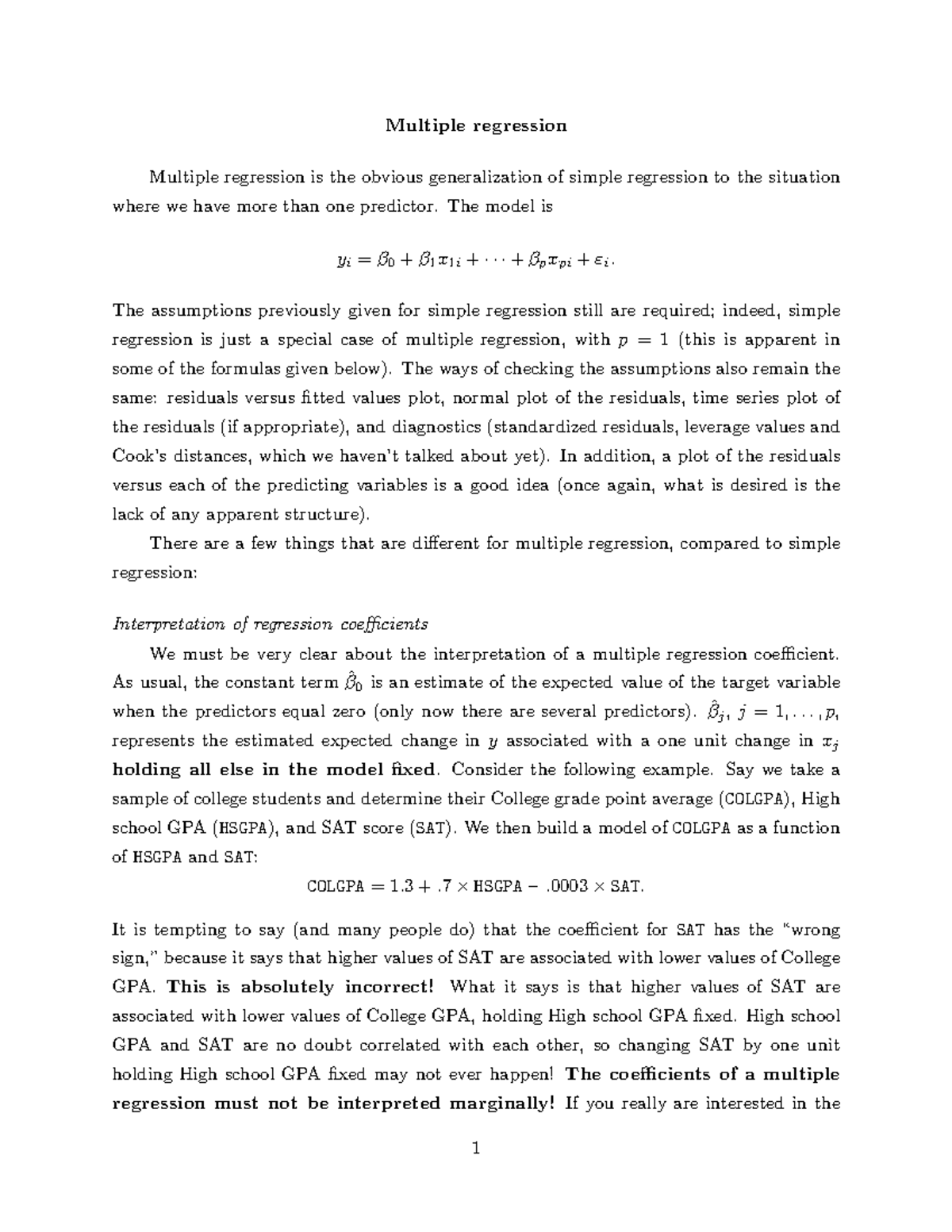 Multreg - simonoff - Multiple regression Multiple regression is the obvious generalization of ...