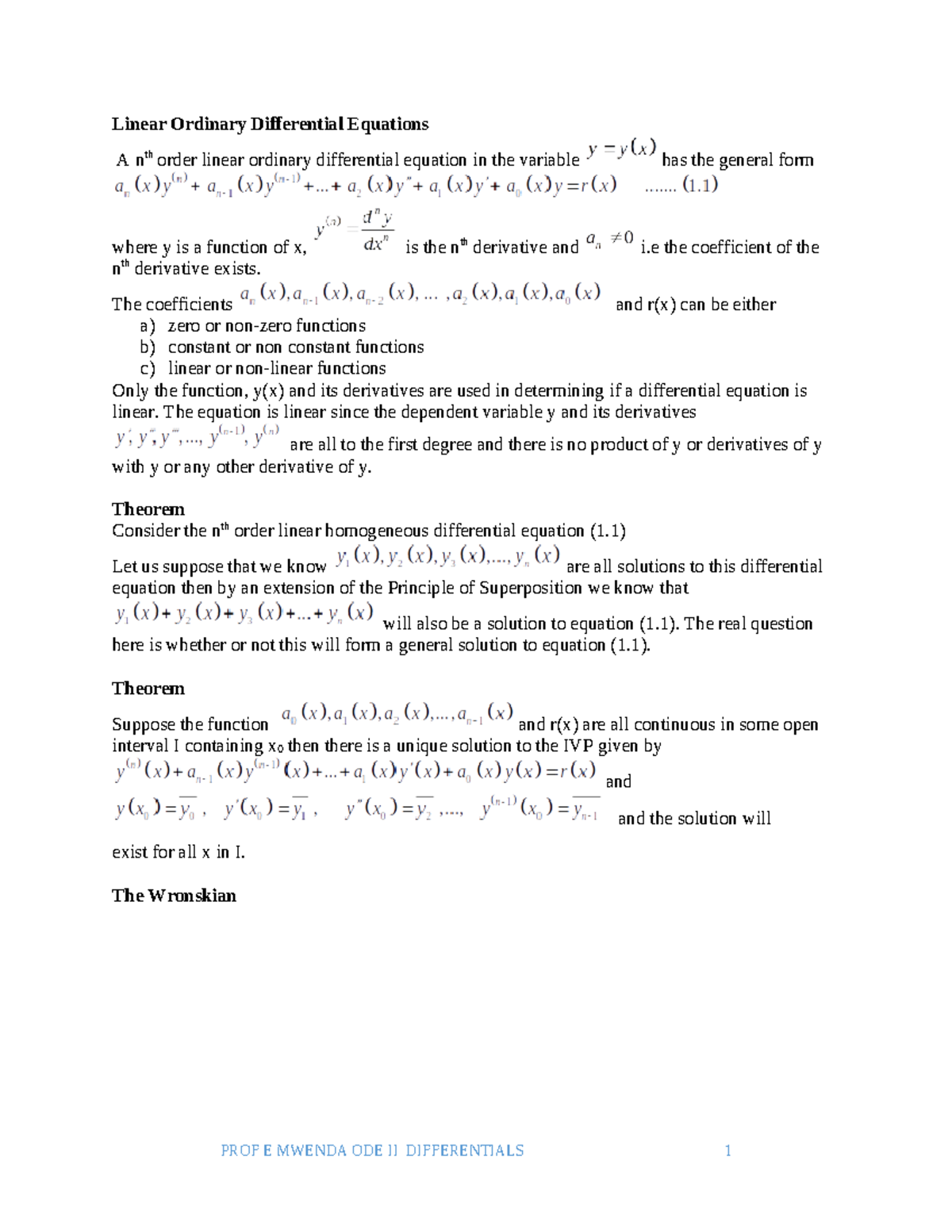 Wronskian and total differential - ####### Linear Ordinary Differential ...