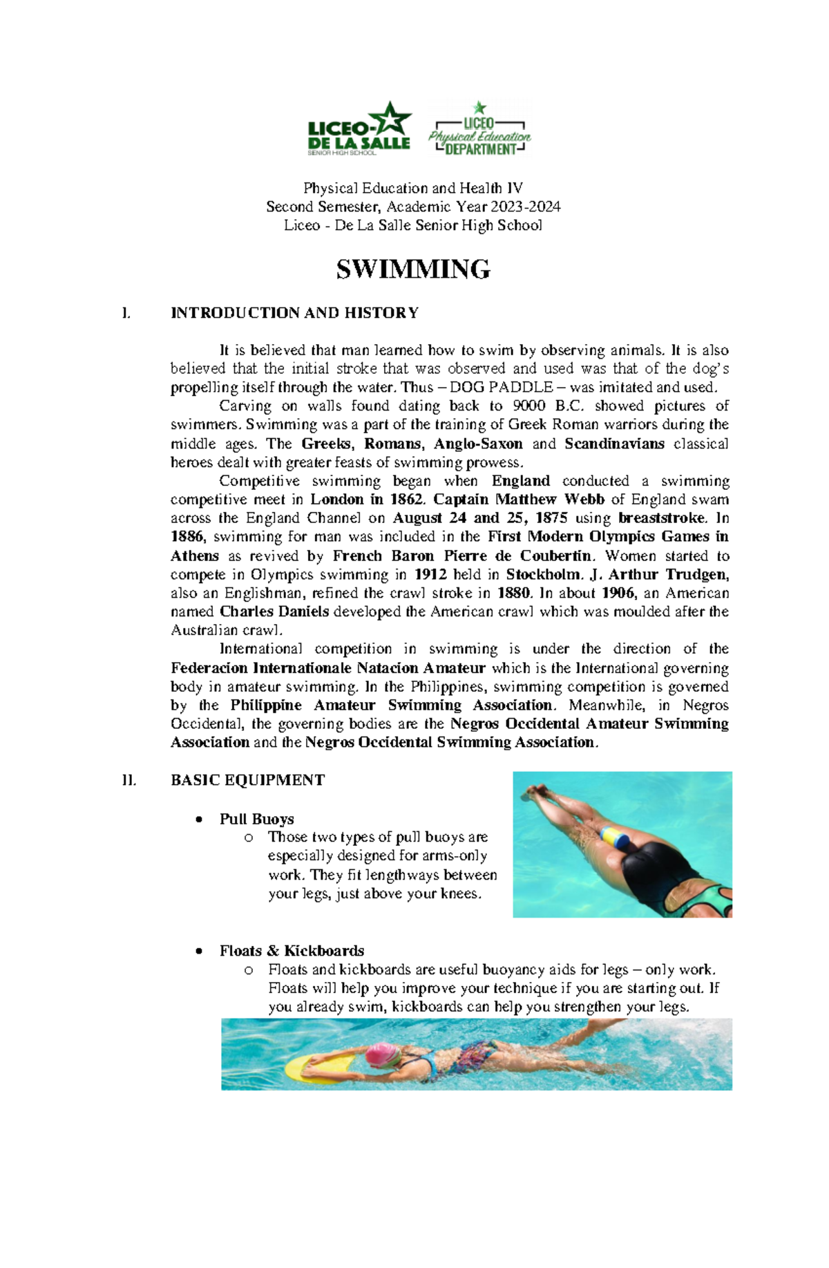 Swimming - dsadasd - Physical Education and Health IV Second Semester ...