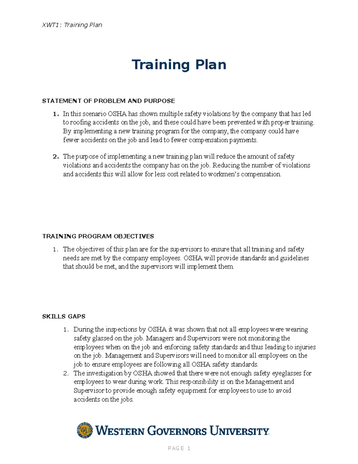 235Task1 assignment - XWT1: Training Plan Training Plan STATEMENT OF ...