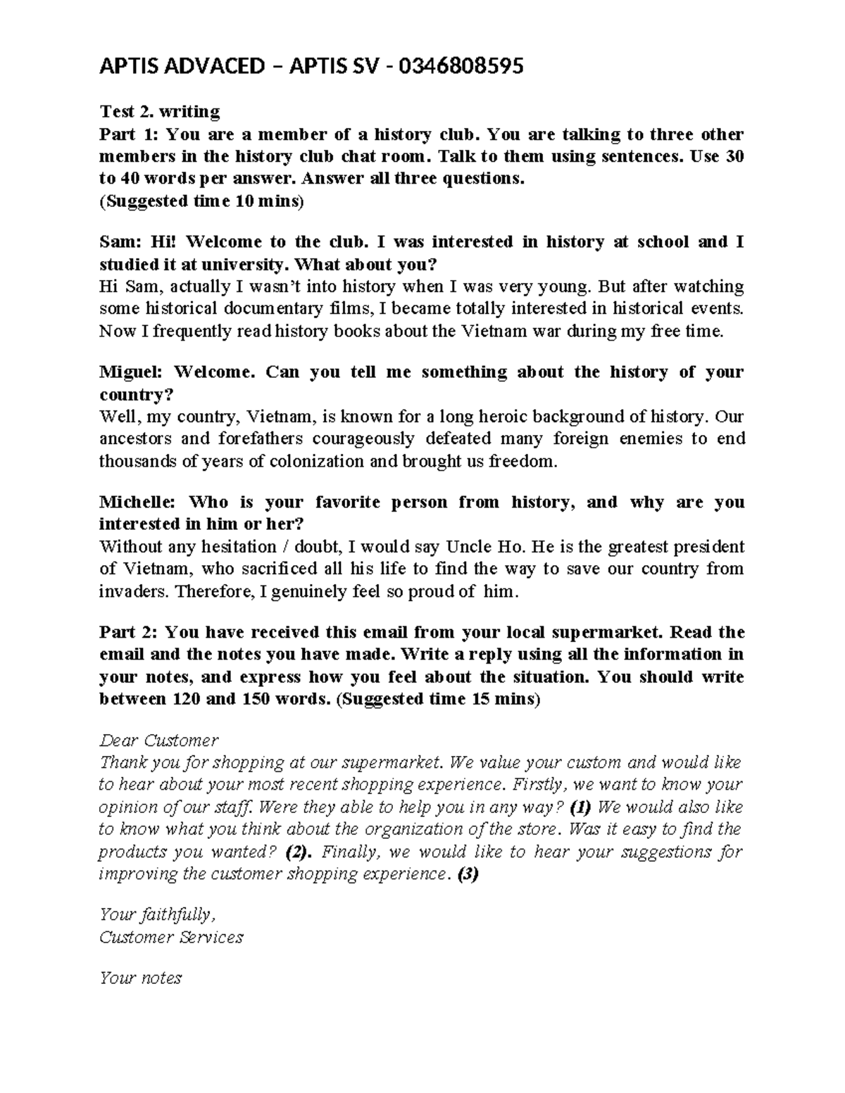 Aptis Advanced Writing 2 - Test 2. writing Part 1: You are a member of ...