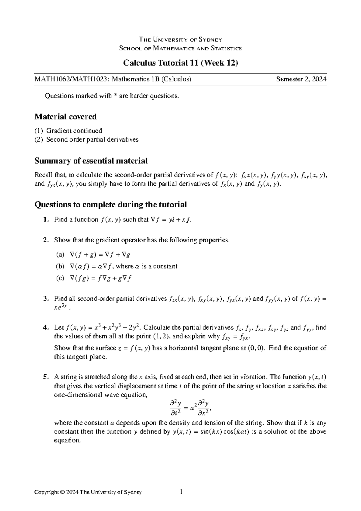 Calculus tutorial 11 week 12 - The University of Sydney School of ...