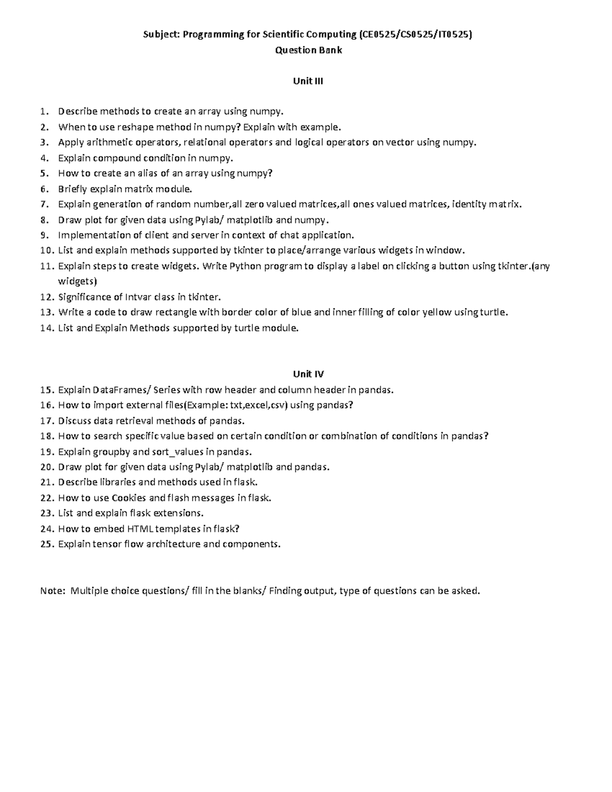 PSC Question bank Unit III IV - Subject: Programming for Scientific Computing (CE0525/CS0525 ...