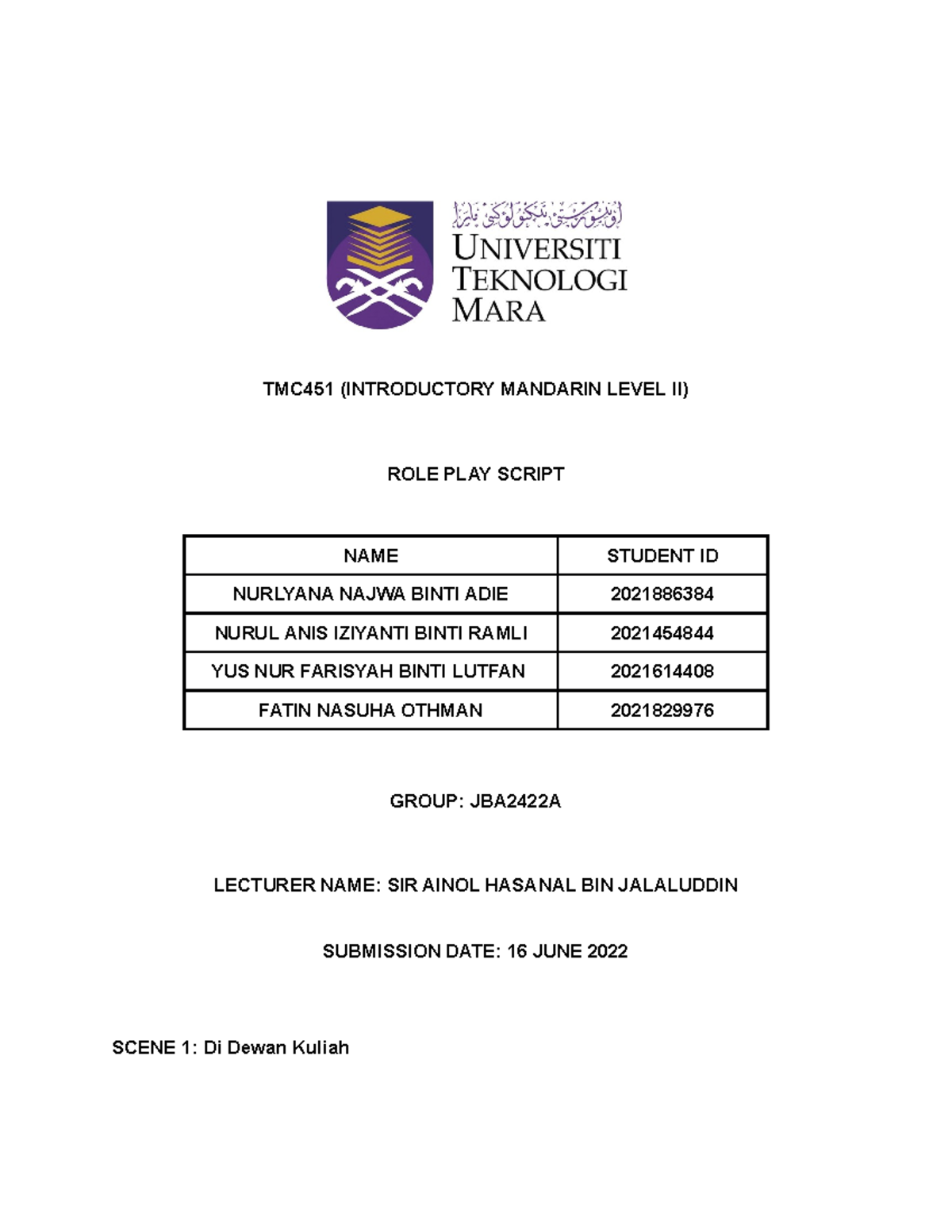 TMC451 Role Play Script Group 2 - TMC451 (INTRODUCTORY MANDARIN LEVEL II) ROLE PLAY SCRIPT NAME ...