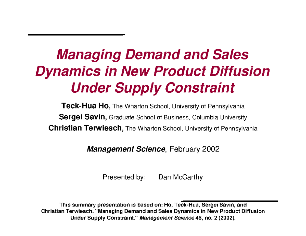 Managing Demand and Sales Dynamics in New Product Diffusion Under ...