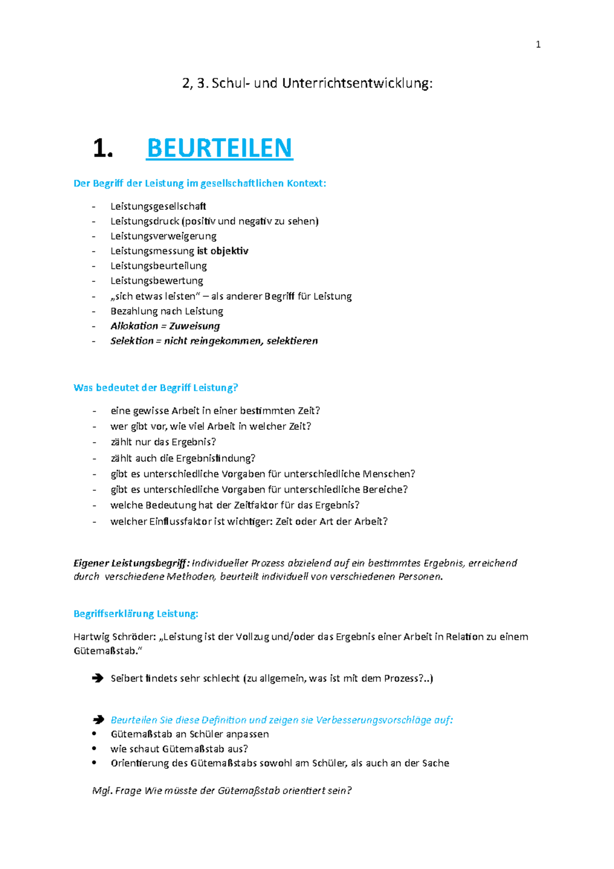 Teil 1- Beurteilen - 2, 3. Schul- und Unterrichtsentwicklung: 1 ...