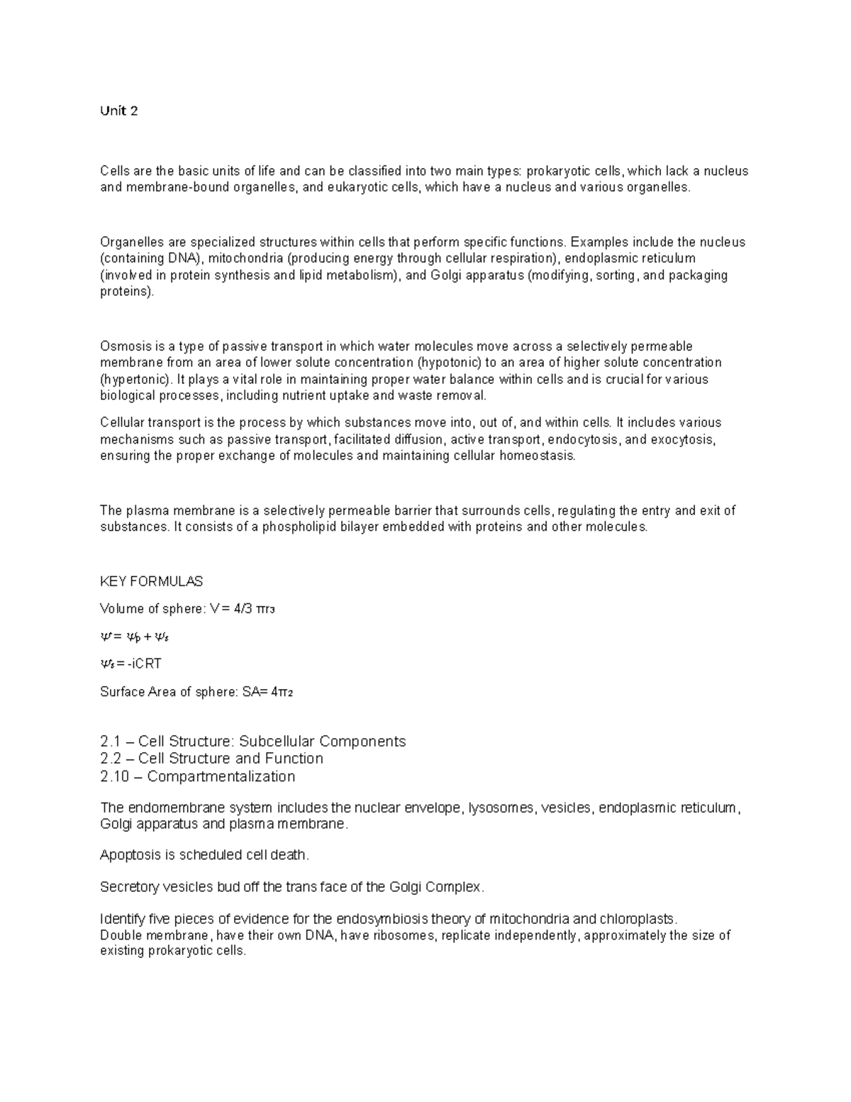 Unit 2 bio - Summary General Biology - Unit 2 Cells are the basic units ...