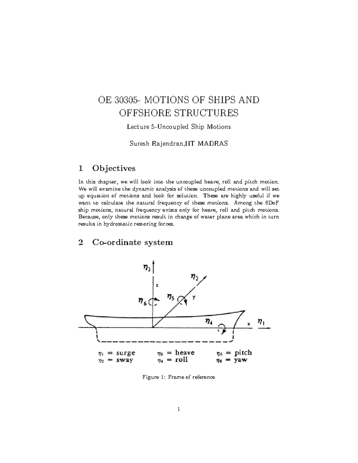 Uncoupled ship motions - OE 30305- MOTIONS OF SHIPS AND OFFSHORE ...