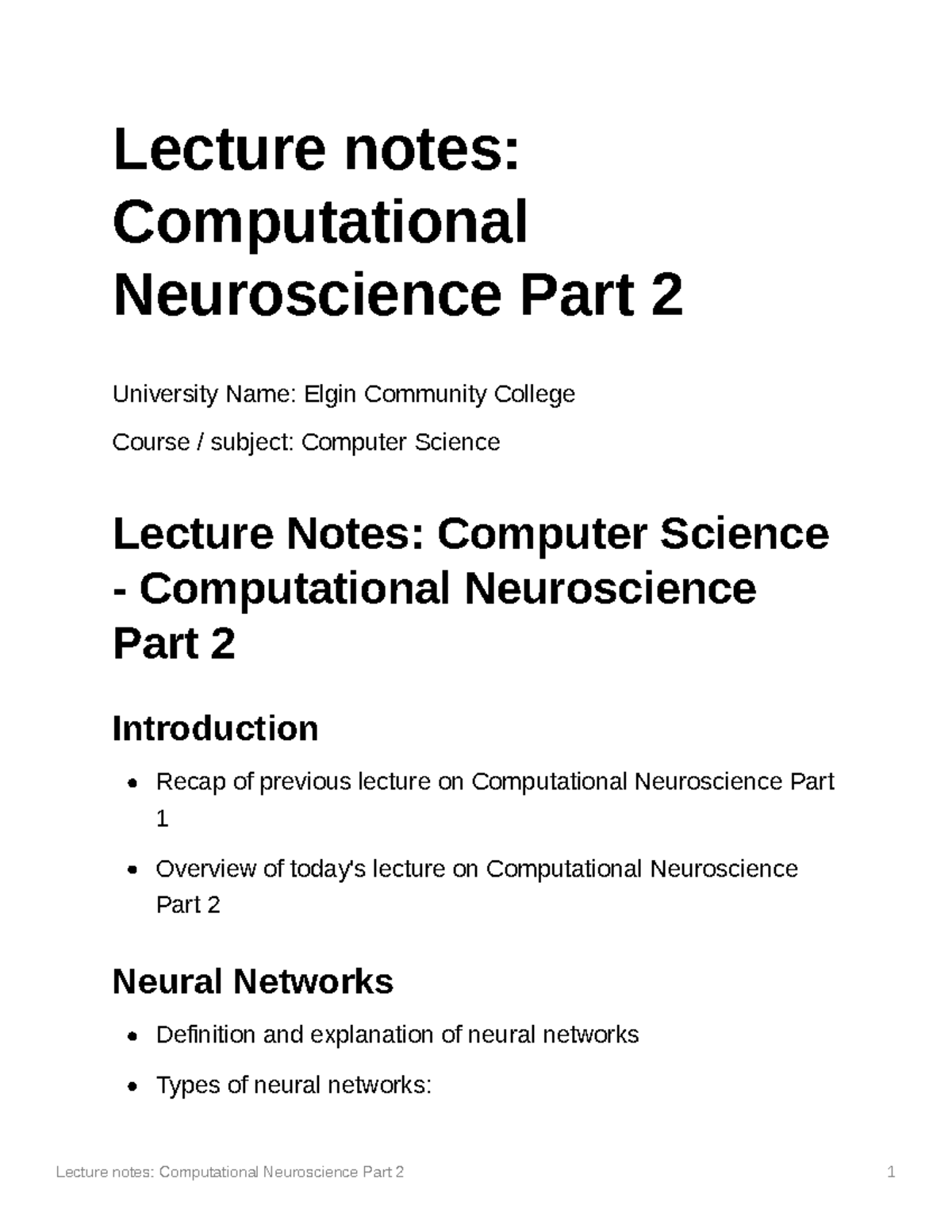 Lecture notes Computational Neuroscience Part 2 - Lecture notes ...