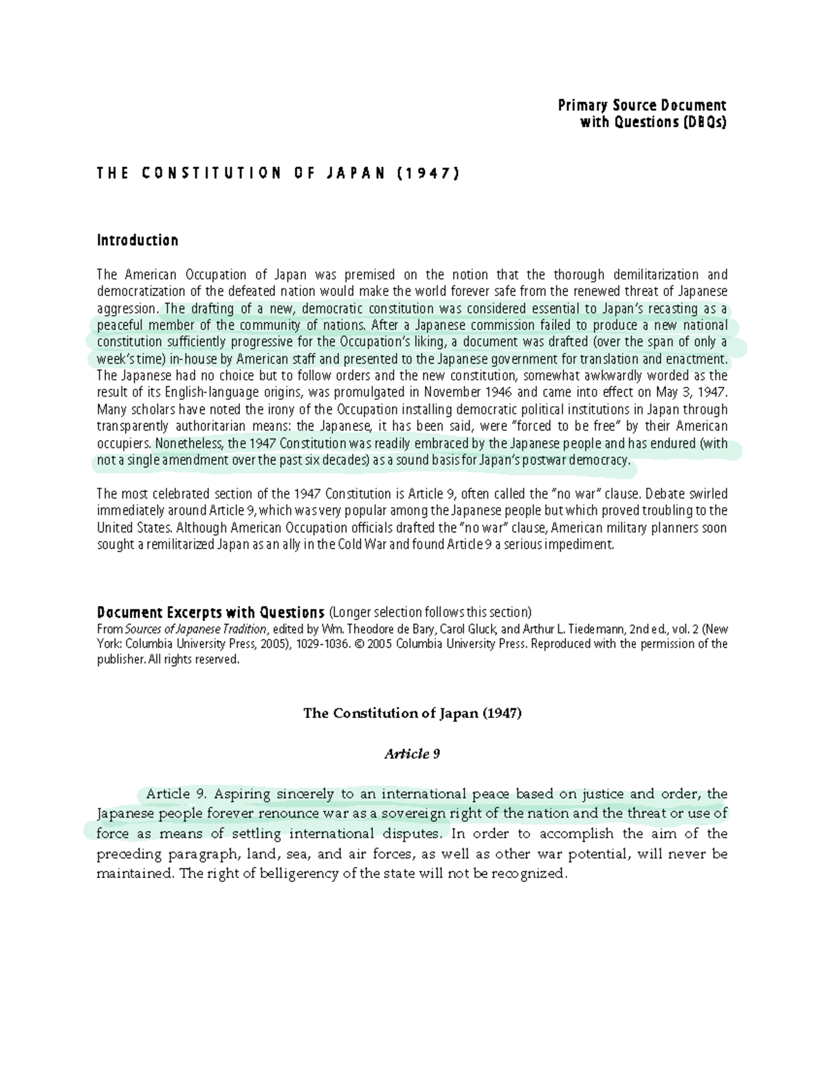 1947 Japanese Constitution Notes - Primary Source Document with ...