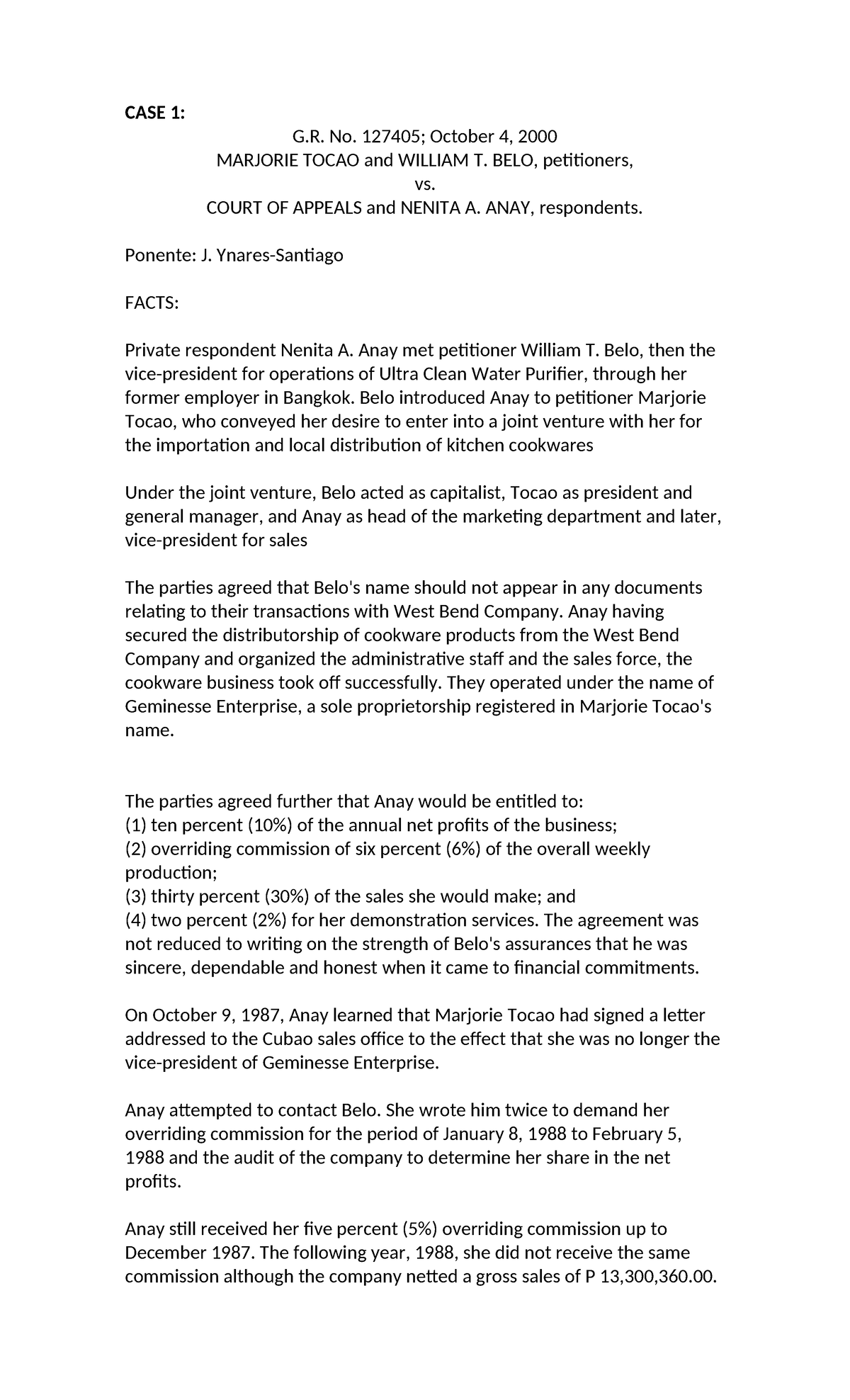 Case digest - Notes - CASE 1: G. No. 127405; October 4, 2000 MARJORIE ...