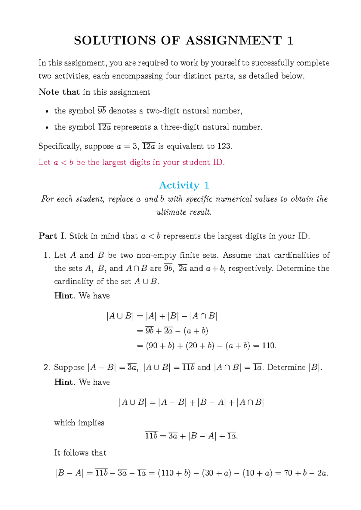 Assignments With Hints For teacher - SOLUTIONS OF ASSIGNMENT 1 In this assignment, you are ...