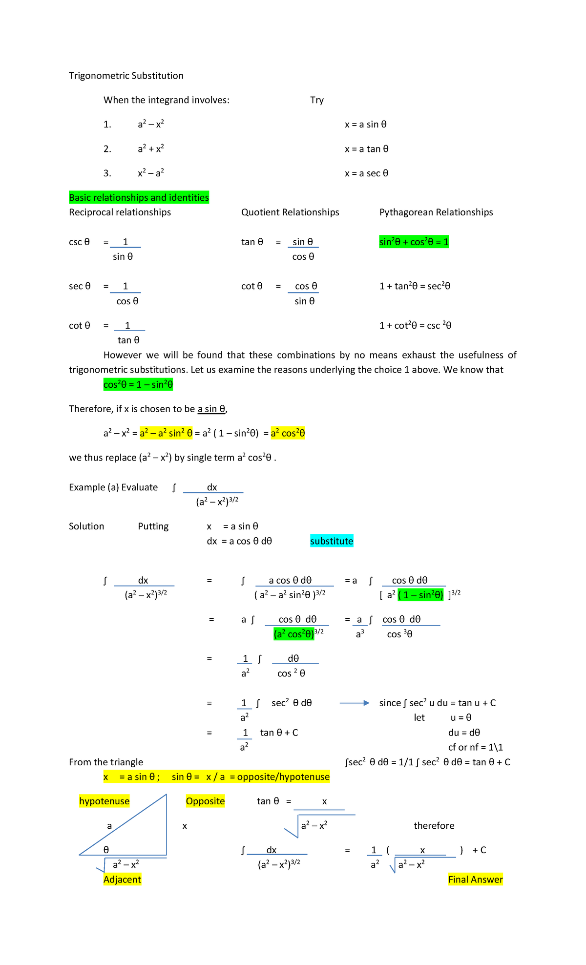 Integration by substitution Trigonometric Substitutions - Trigonometric Substitution When the ...