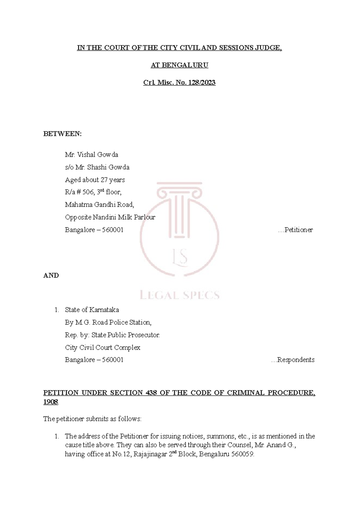 Anticipatory Bail draft - legal specs - IN THE COURT OF THE CITY CIVIL ...