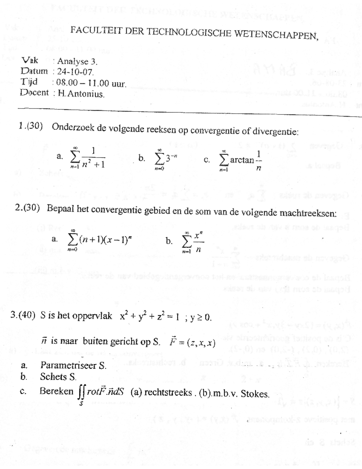 Analyse 3 Tentamenwerken (2005-2007 ) - Wiskunde, Analyse 3 - Studocu
