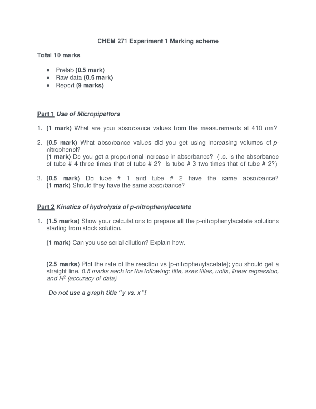 CHEM 271 Experiment 1 Marking scheme compressed - CHEM 271 Experiment 1 Marking scheme Total 10 ...