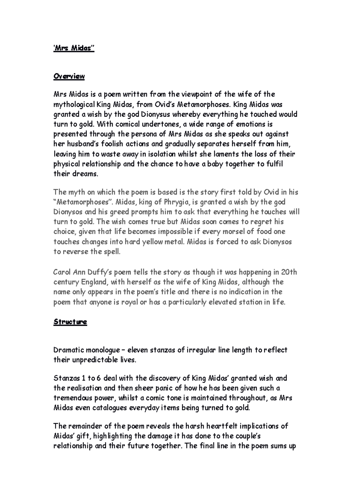 2017 Duffy ‘Mrs Midas notes - ‘Mrs Midas” Overview Mrs Midas is a poem ...