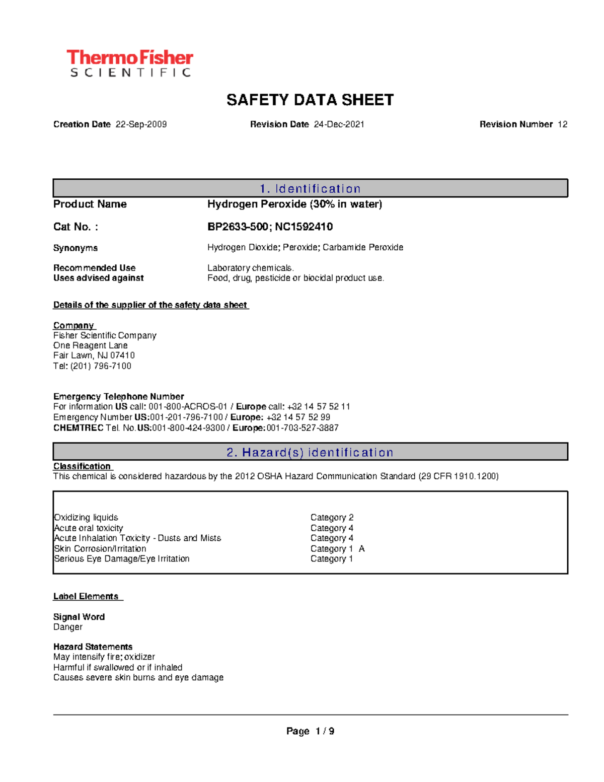 Hydrogen Peroxide 30 500ML - SAFETY DATA SHEET Creation Date 22-Sep ...