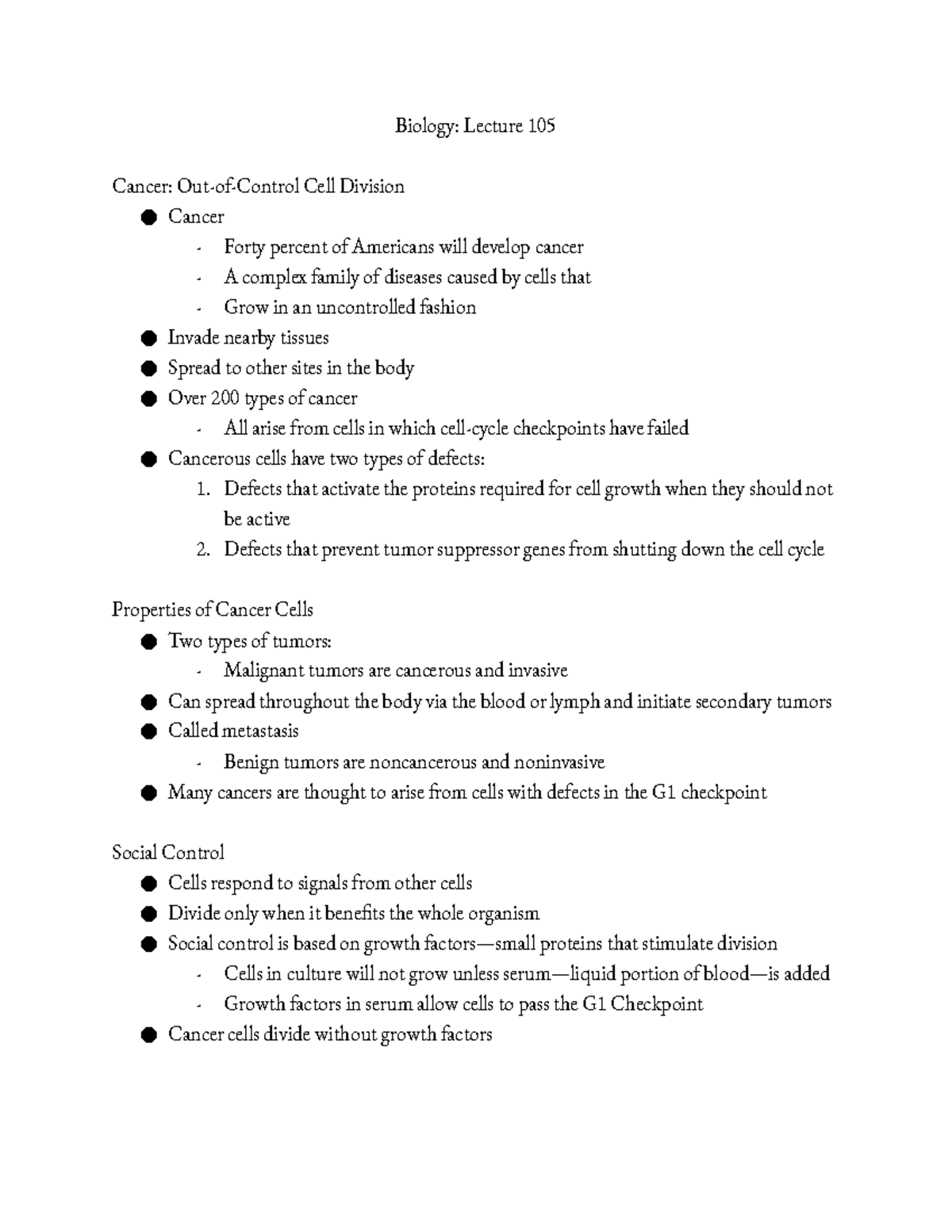 Biology Lecture 105 - Biology: Lecture 105 Cancer: Out-of-Control Cell ...