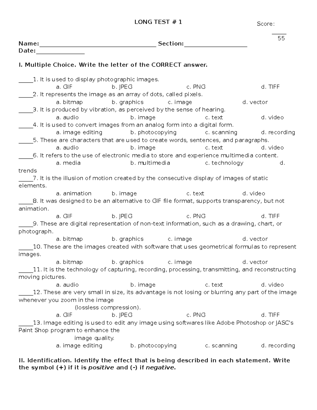 Long Test MIL - Long Test #2 Part 2 - LONG TEST # 1 Name