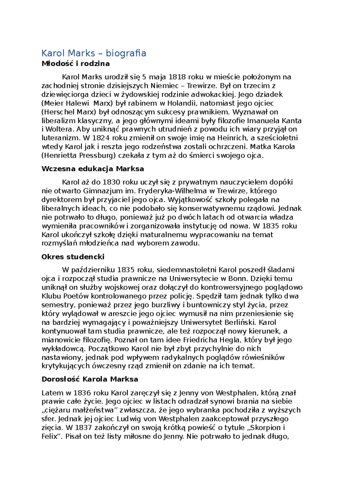 Karol Marks biografia - Karol Marks – biografia Młodość i rodzina Karol ...