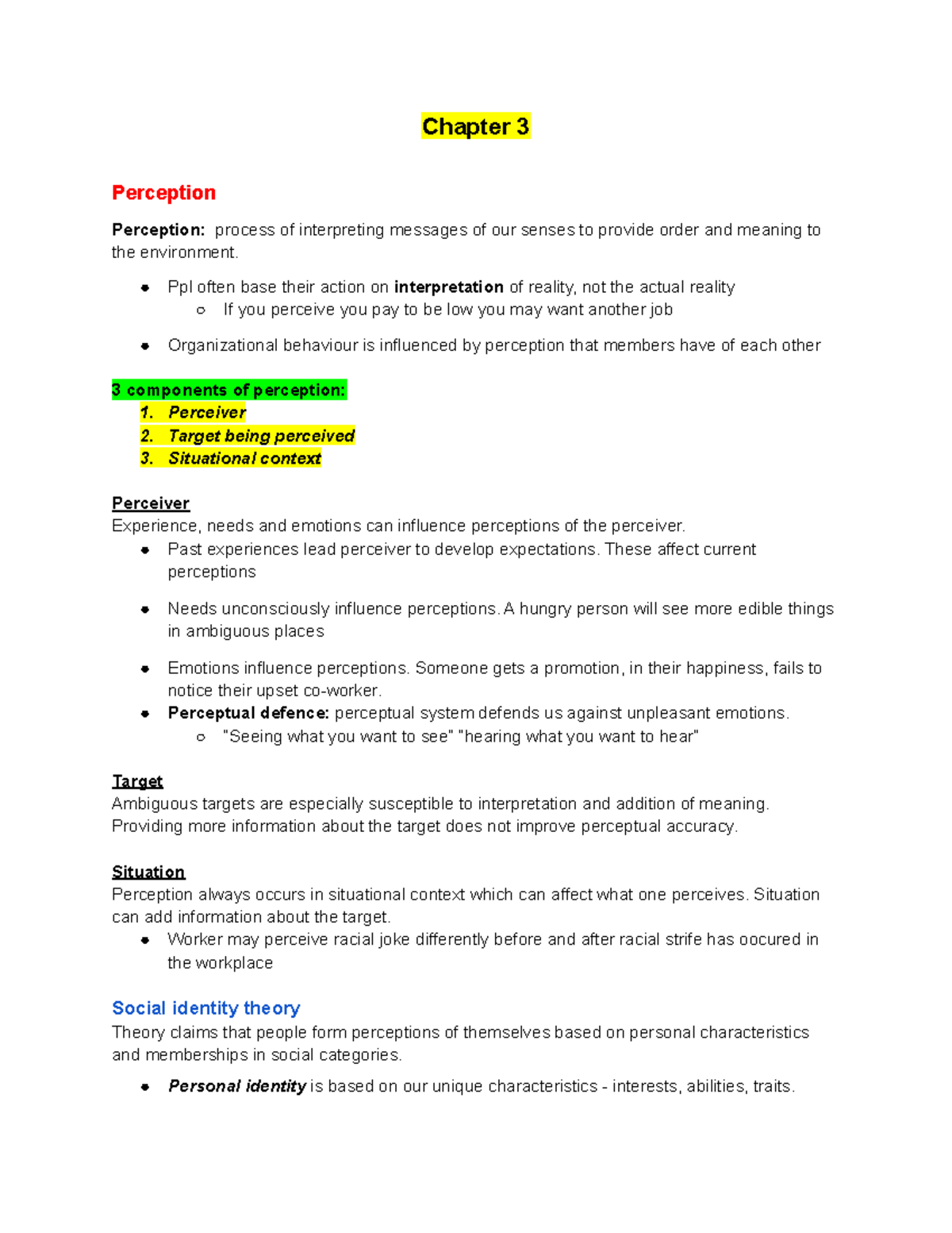 MHR 405 notes - Chapter 3 Perception Perception: process of ...