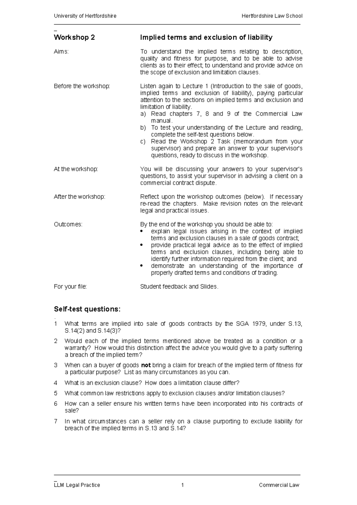 Commercial Law LPC Workshop 2 overview, preparation and notes - - Studocu