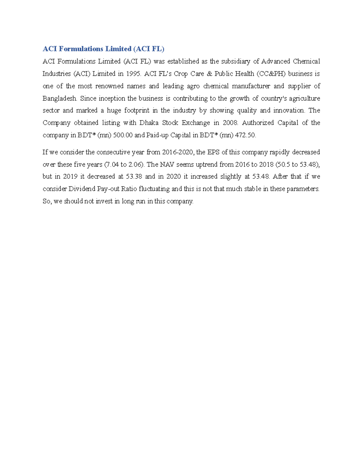 Aci background regarding finanical - ACI Formulations Limited (ACI FL ...