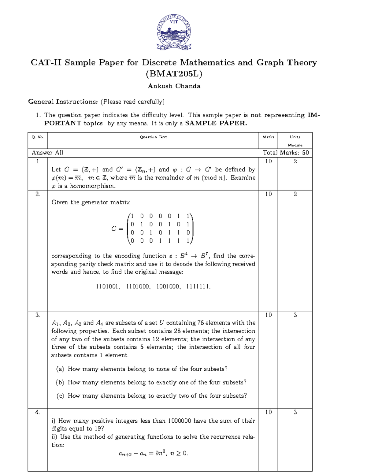 CAT-II-Sample Paper - CAT-II Sample Paper for Discrete Mathematics and ...