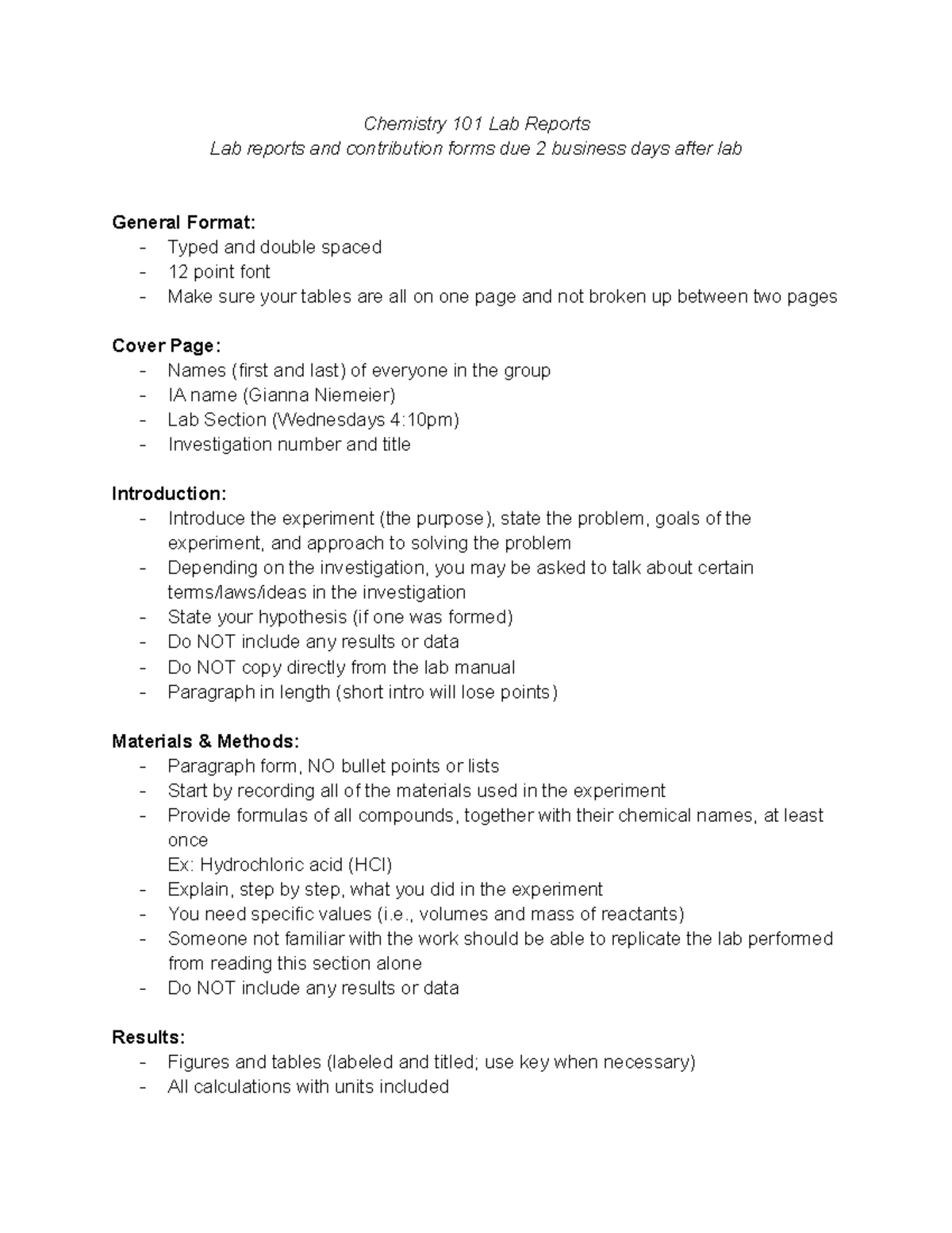 CHM 101 Lab Reports.docx - Chemistry 101 Lab Reports Lab reports and contribution forms due 2 ...