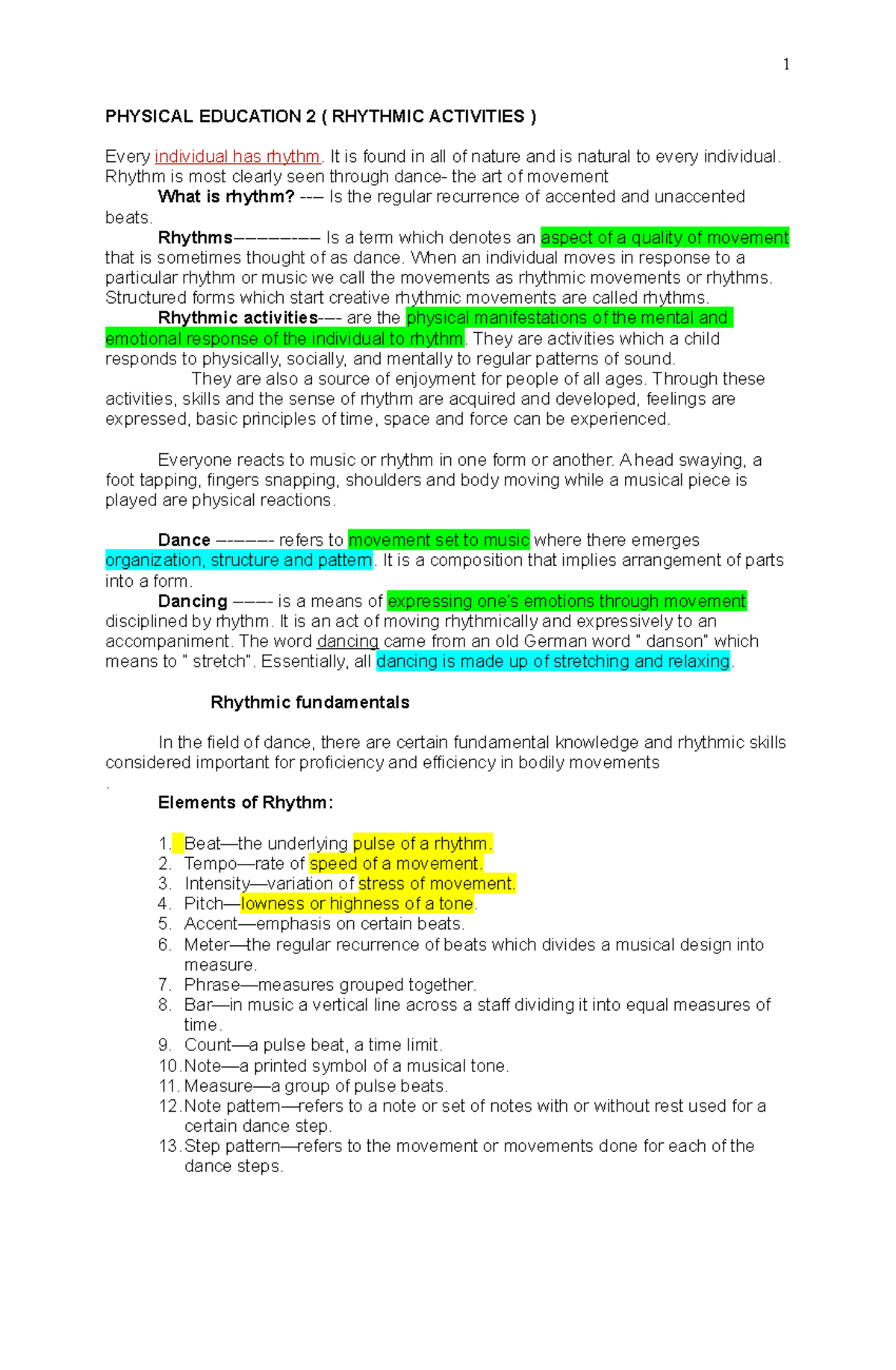 Pe 2 notes - PHYSICAL EDUCATION 2 ( RHYTHMIC ACTIVITIES ) Every ...