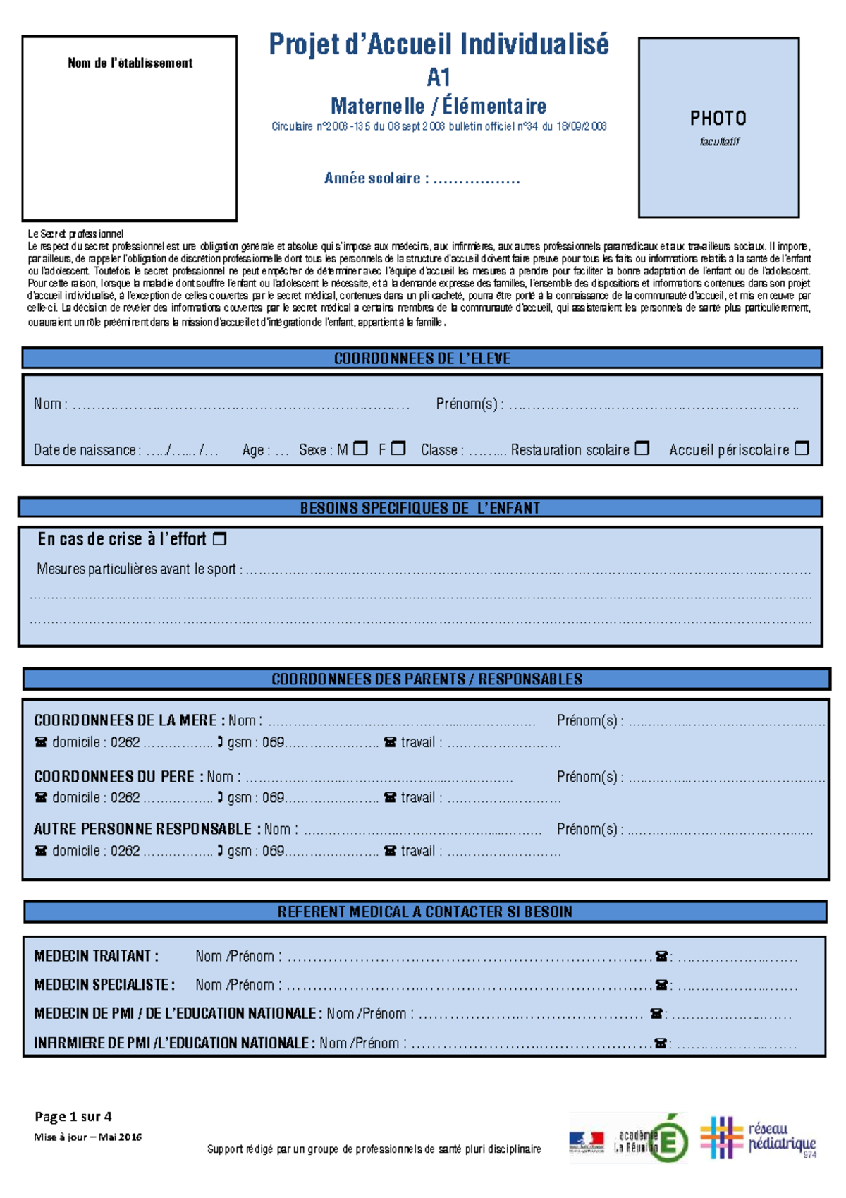 PAI A1 Maternelle Elémentaire 30 05 16 - ####### PHOTO facultatif Année ...