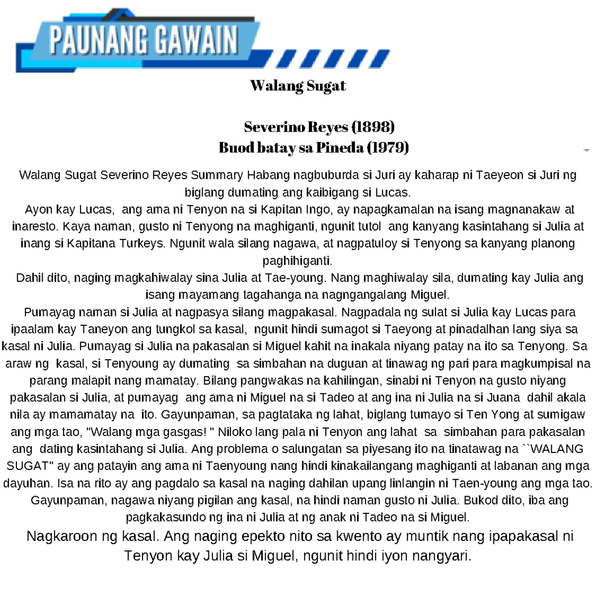 Buod Ng Walang Sugat