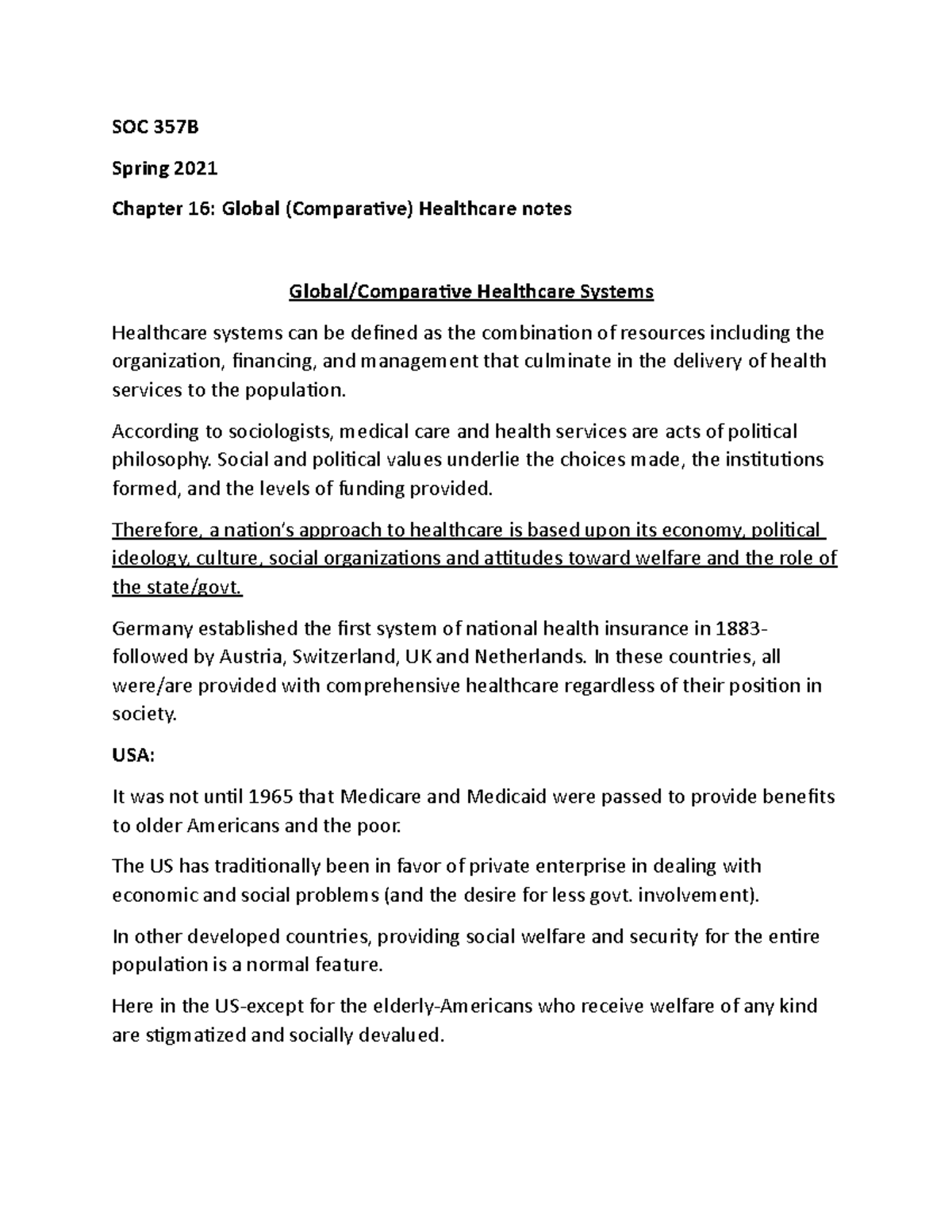 SOC 357 Chapter 16 Global Healthcare notes - SOC 357B Spring 2021 ...