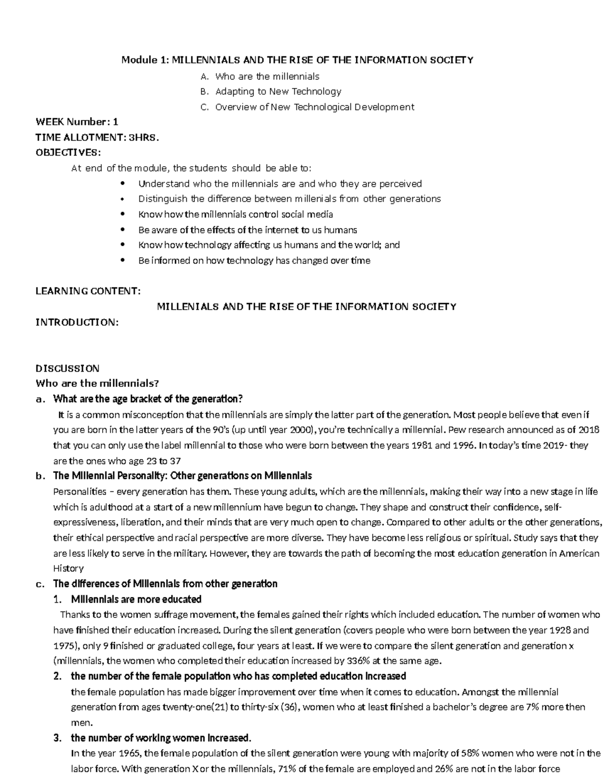 GEC 007 WEEK 1 - lecture notes - Module 1: MILLENNIALS AND THE RISE OF ...