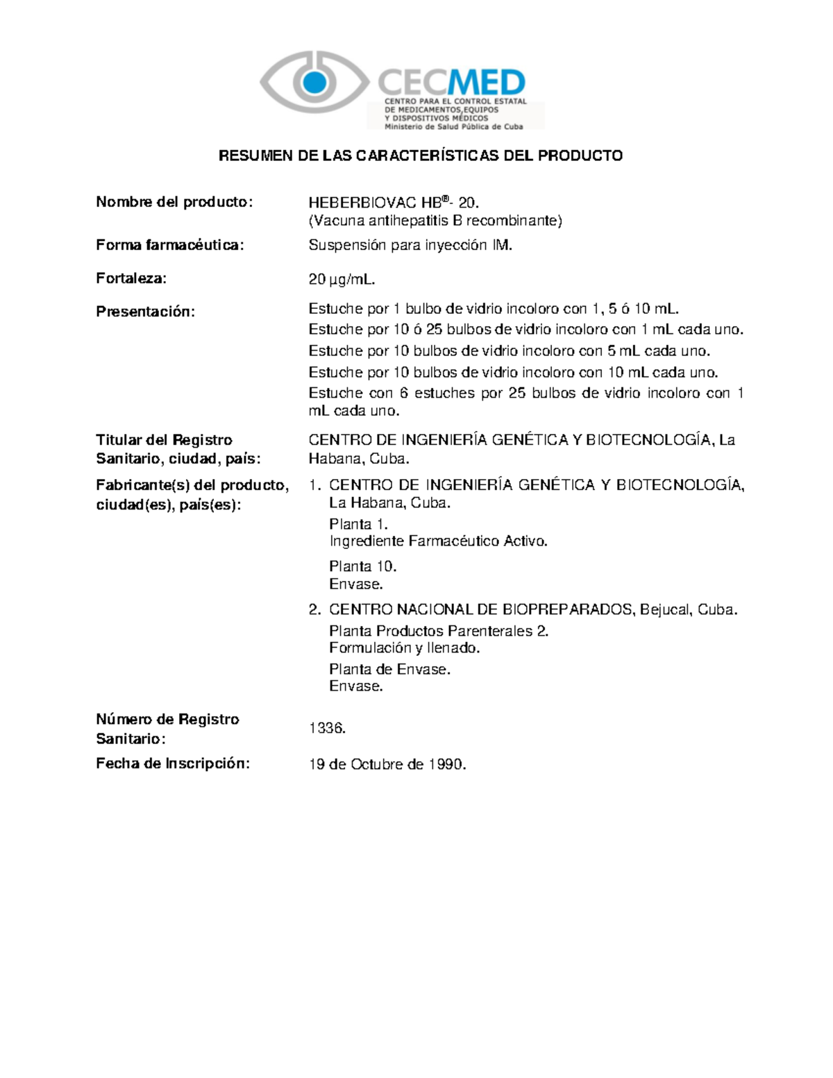 RCP Heberbiovac HB 20 AP 19072021 - RESUMEN DE LAS CARACTERÍSTICAS DEL ...