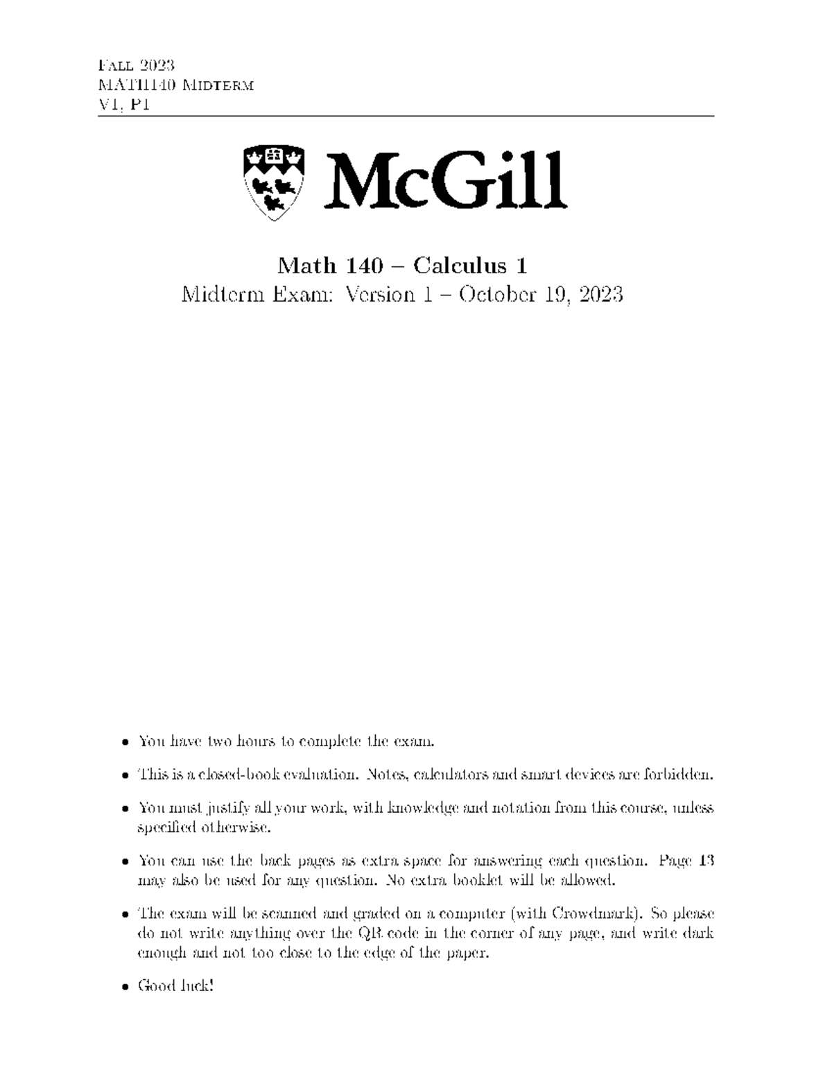 Midterm - MATH140 Midterm V1, P Math 140 Calculus 1 Midterm Exam: Version 1 October 19, 2023 ...