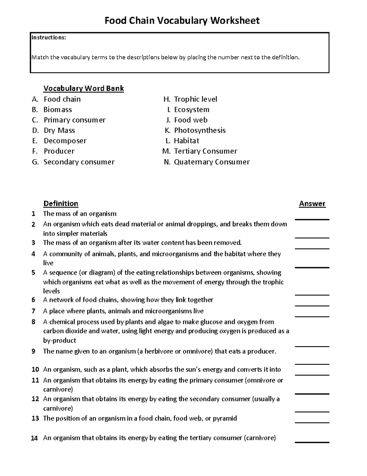 Food Chain Sheets - Ecosystem - Food Chain Vocabulary Worksheet ...