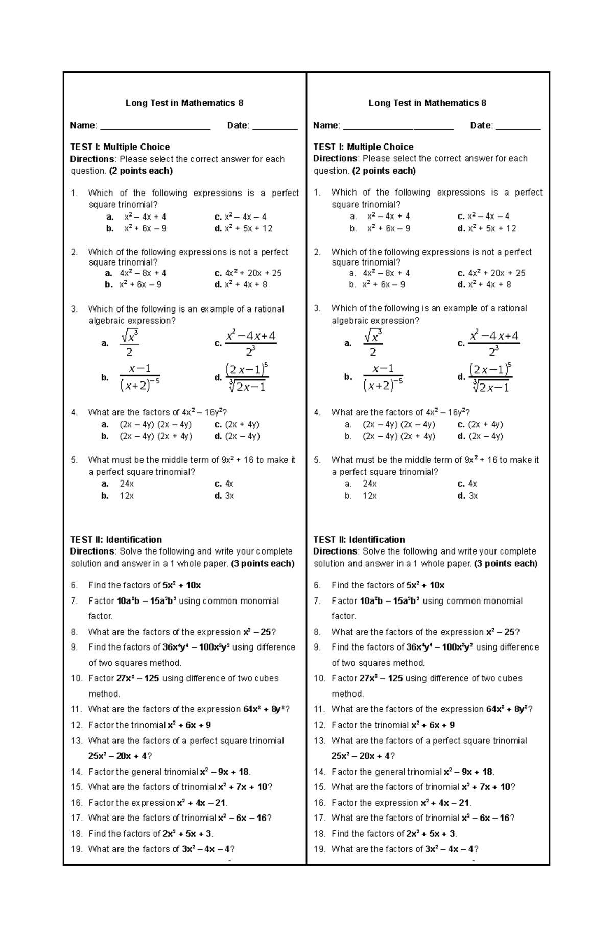 M8Q1 Long Test - Common Monomial to Factoring - Long Test in ...