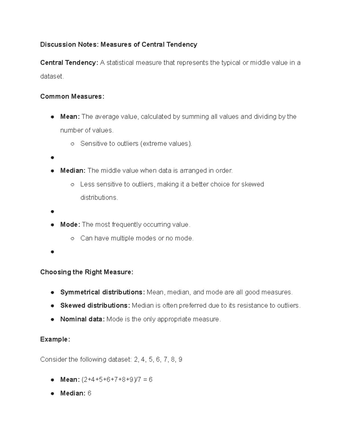 Discussion Notes Measures of Central Tendency - Common Measures: Mean ...