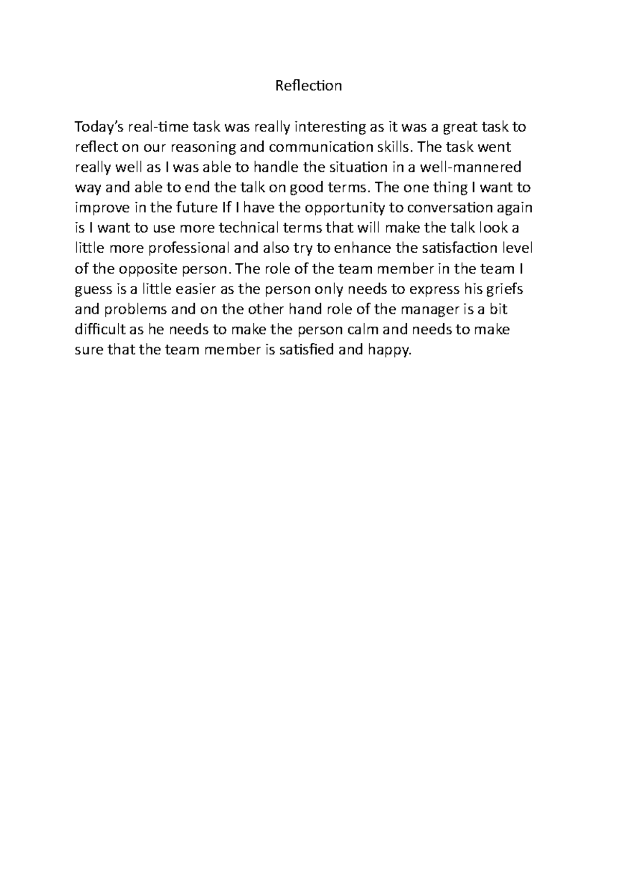 Reflection Conflict Resolution - Reflection Today’s real-time task was ...