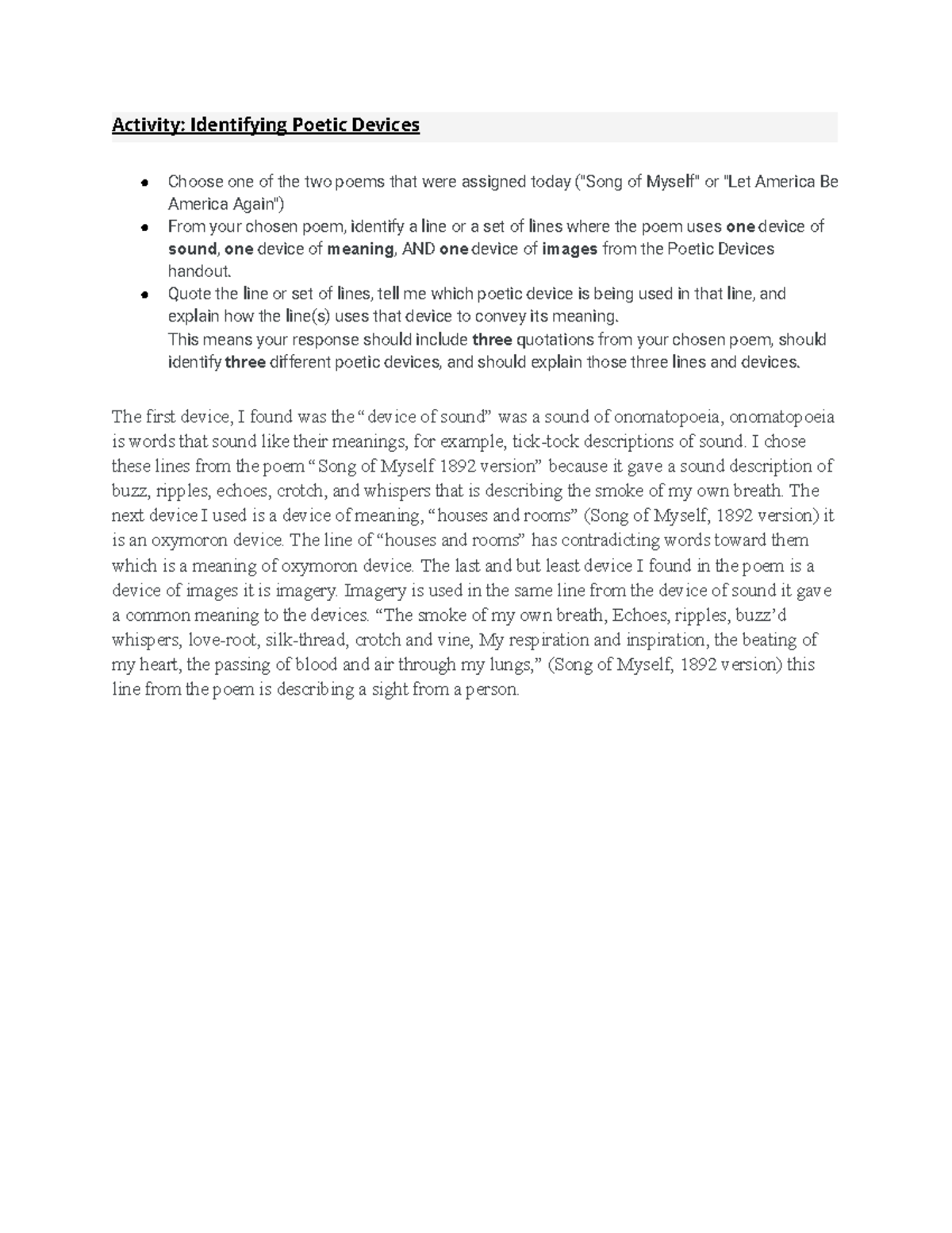 Week 2 - Prof. Torres - Activity: Identifying Poetic Devices Choose one ...