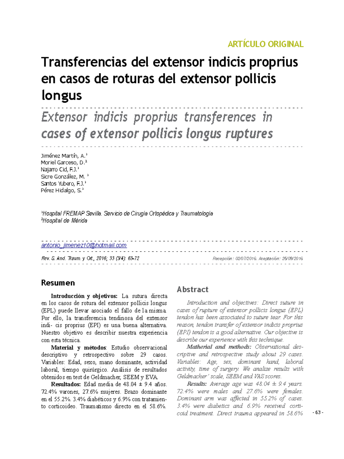 Extensor Propio DEL Indice - ARTÍCULO ORIGINAL Transferencias del ...